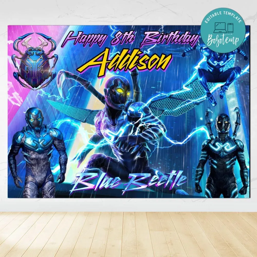 Blue beetle Birthday Backdrop Digital File Template | Bobotemp