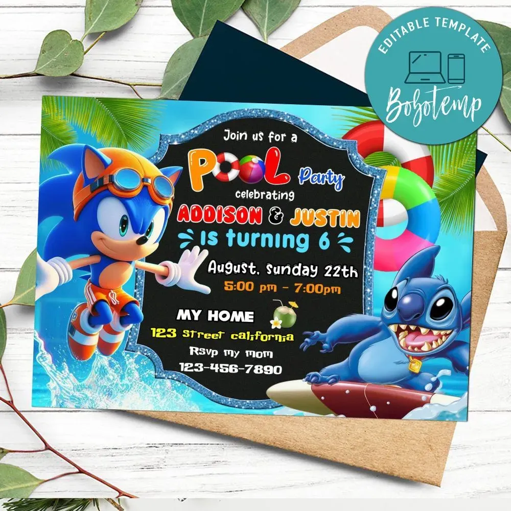 Sonic and Stitch pool party Invitation Customizable Template DIY | Bobotemp