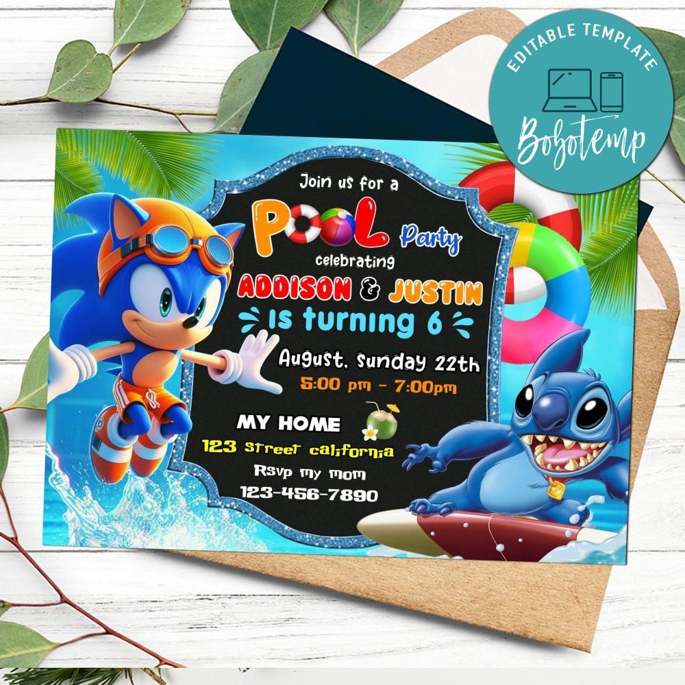 Sonic and Stitch pool party Invitation Customizable Template DIY | Bobotemp