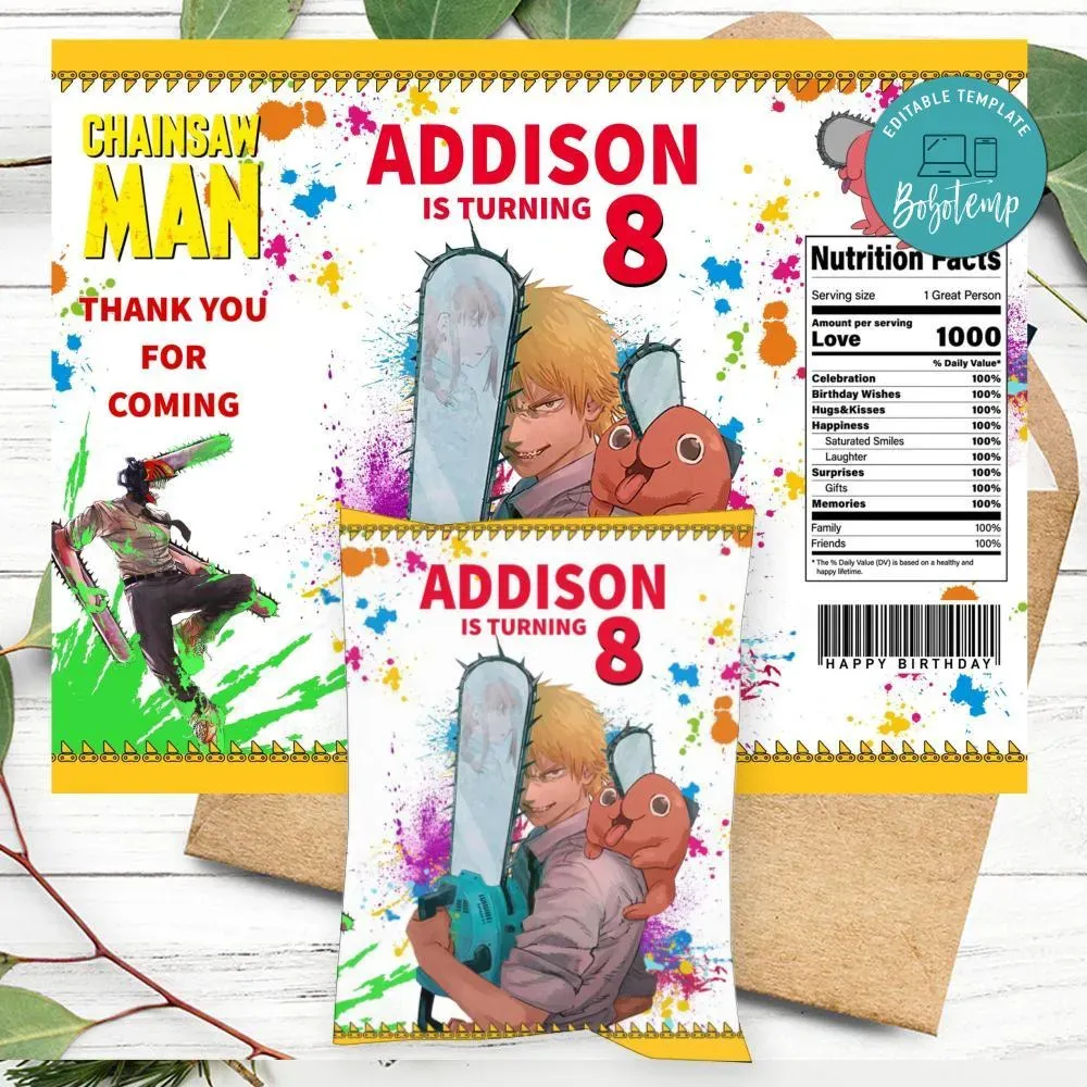 Chainsaw man Birthday Party Chip Bag Digital File Printable | Bobotemp