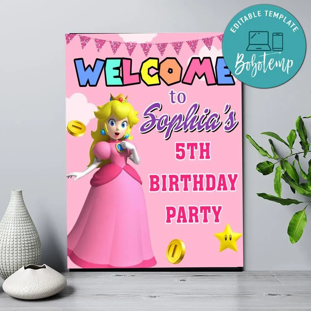 Princess Peach Birthday Welcome Sign Digital File Printable DIY | Bobotemp