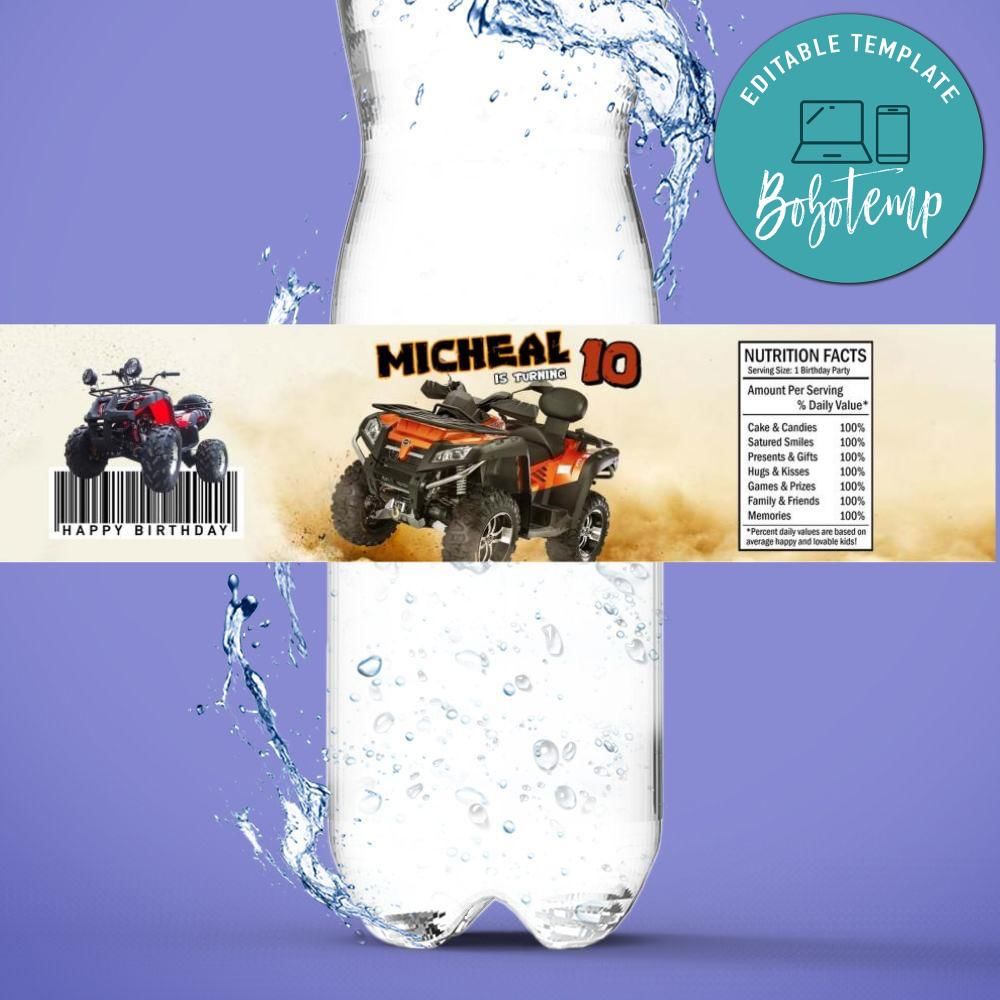 Four wheeler Birthday Water Bottle Label Template | Bobotemp