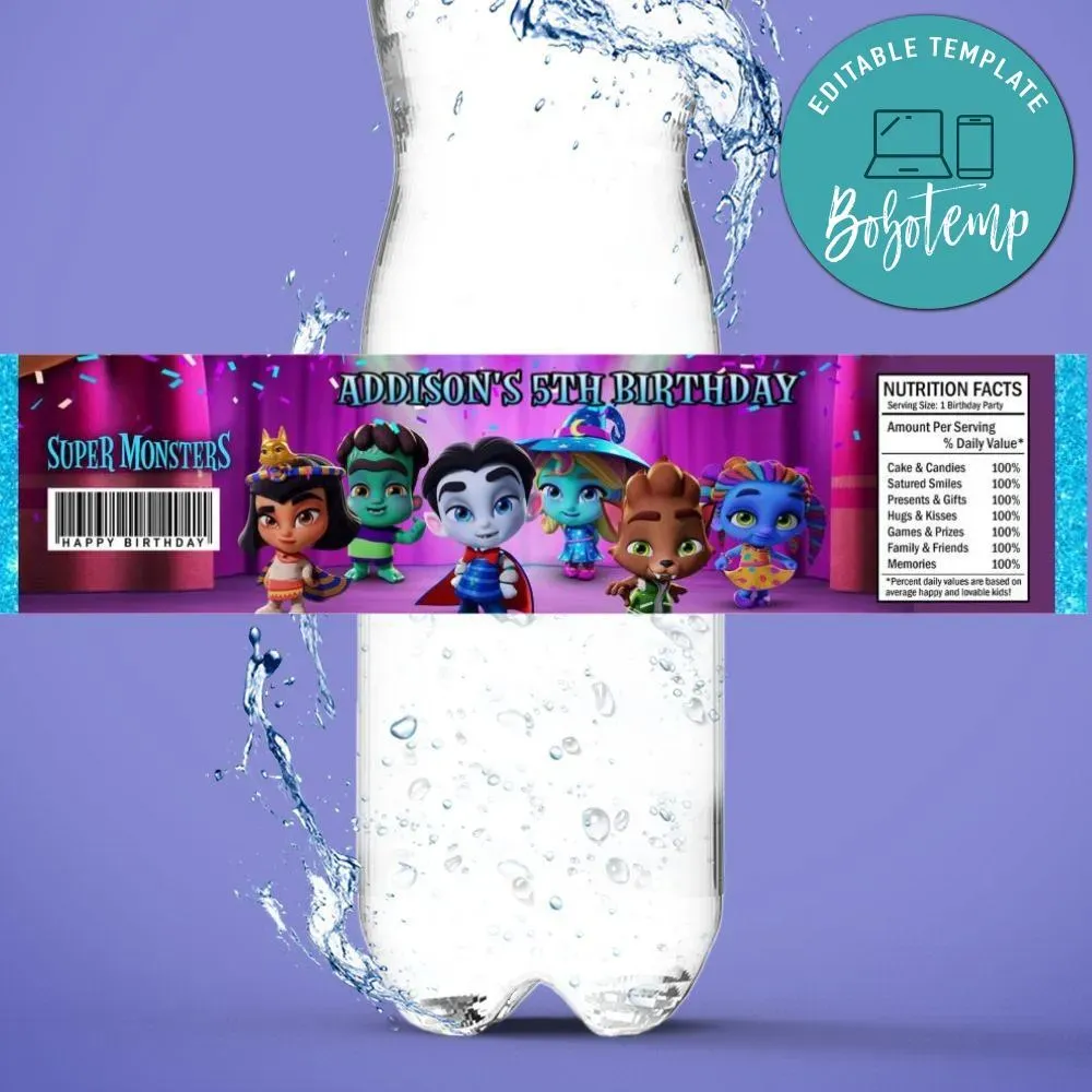 Super Monster Birthday Water Bottle Label Template | Bobotemp