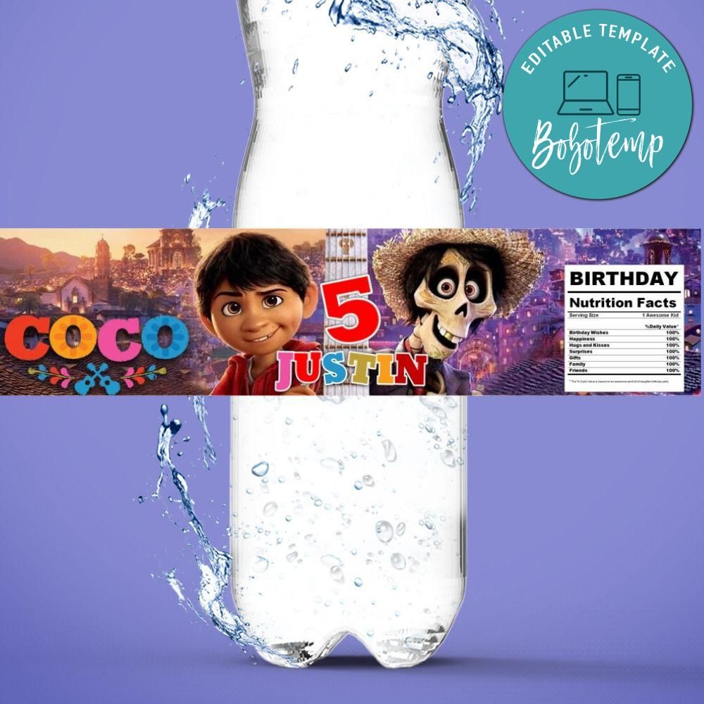 Coco Disney Birthday Water Bottle Label Template | Bobotemp