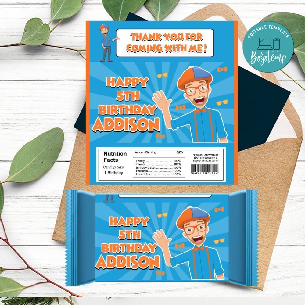 Blippi Candy bar Label Customizable Template DIY | Bobotemp
