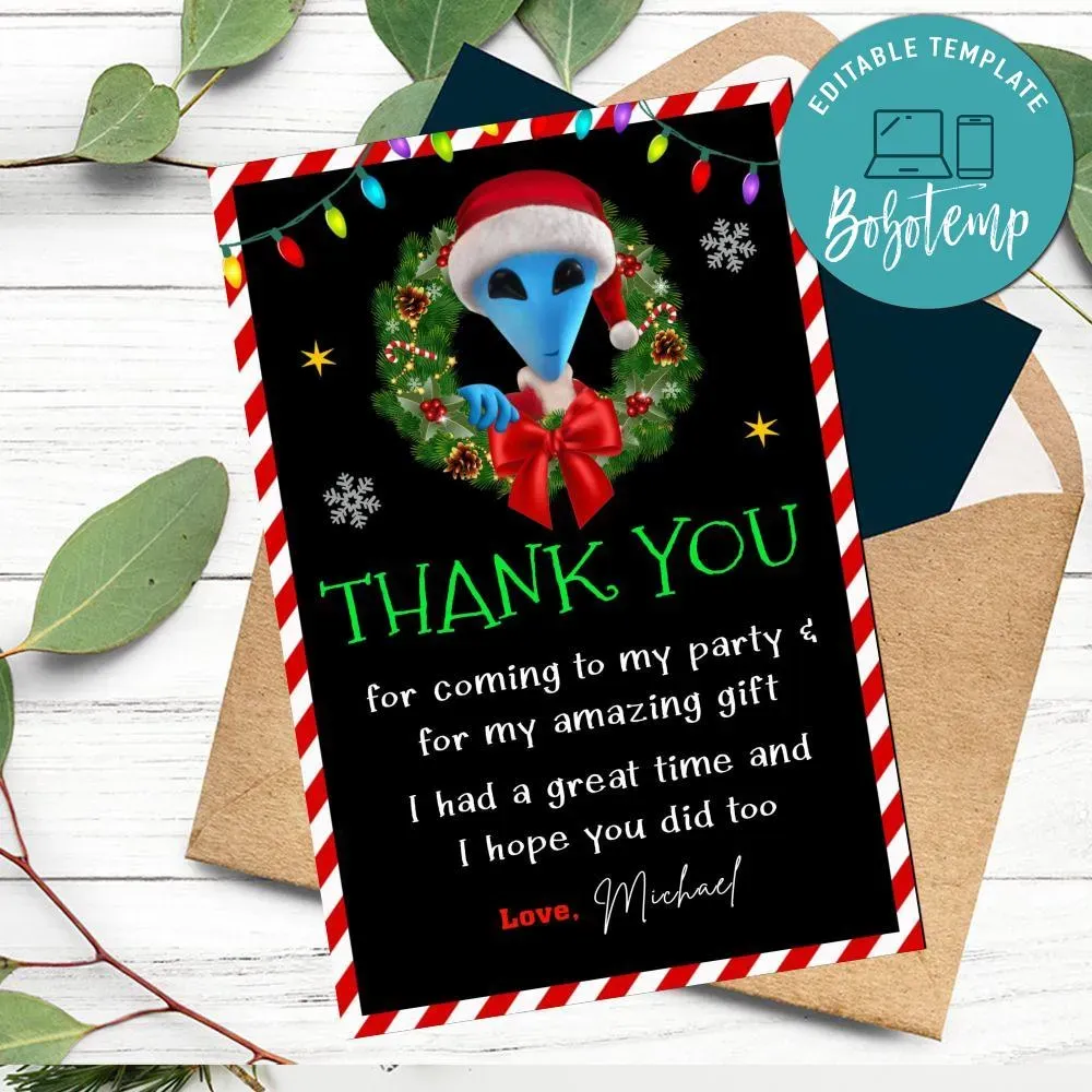 Alien Xmas Thank You Card Customizable Template DIY | Bobotemp