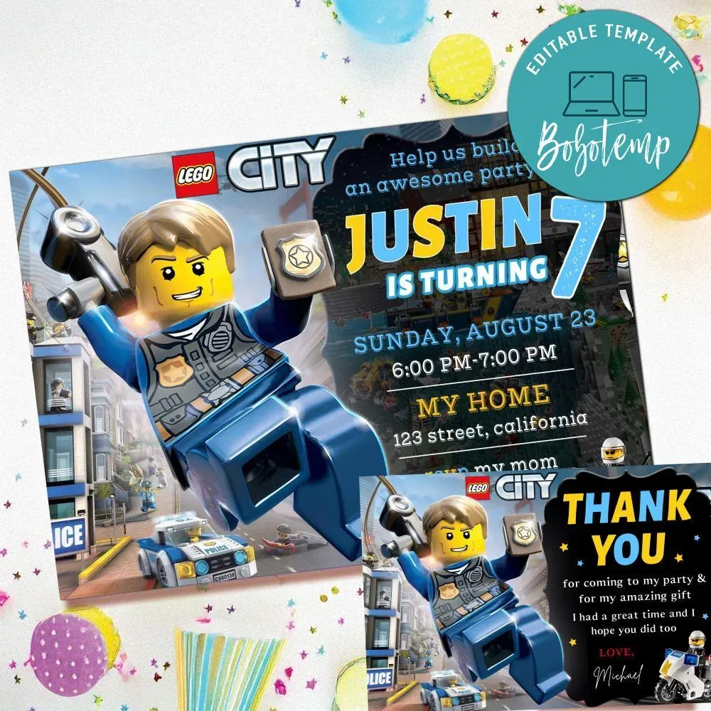 Lego City Invitation Template Free Thank You Card Printable | Bobotemp