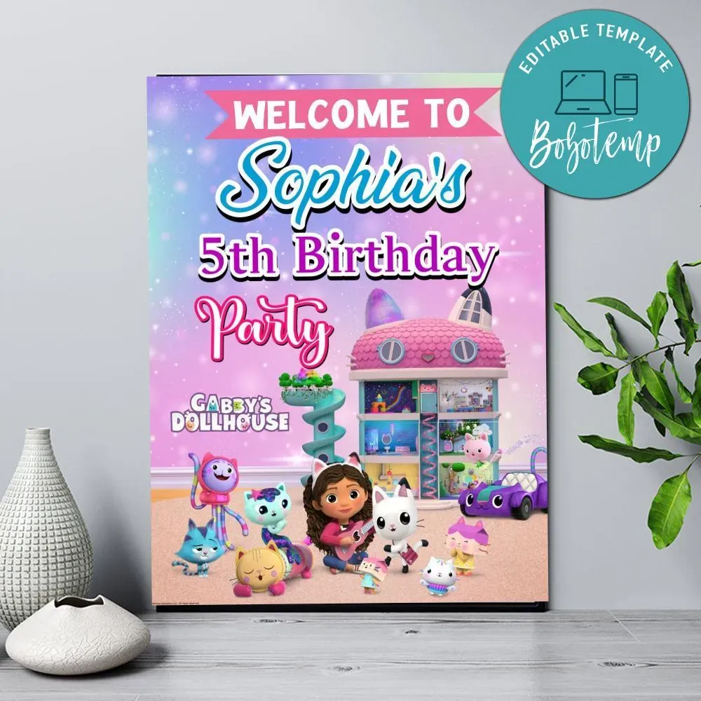 Gabby Dollhouse Birthday Welcome Sign Digital File Printable DIY | Bobotemp