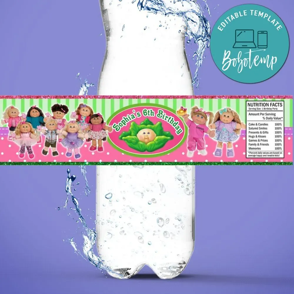 Cabbage Patch Kids Birthday Water Bottle Label Template | Bobotemp