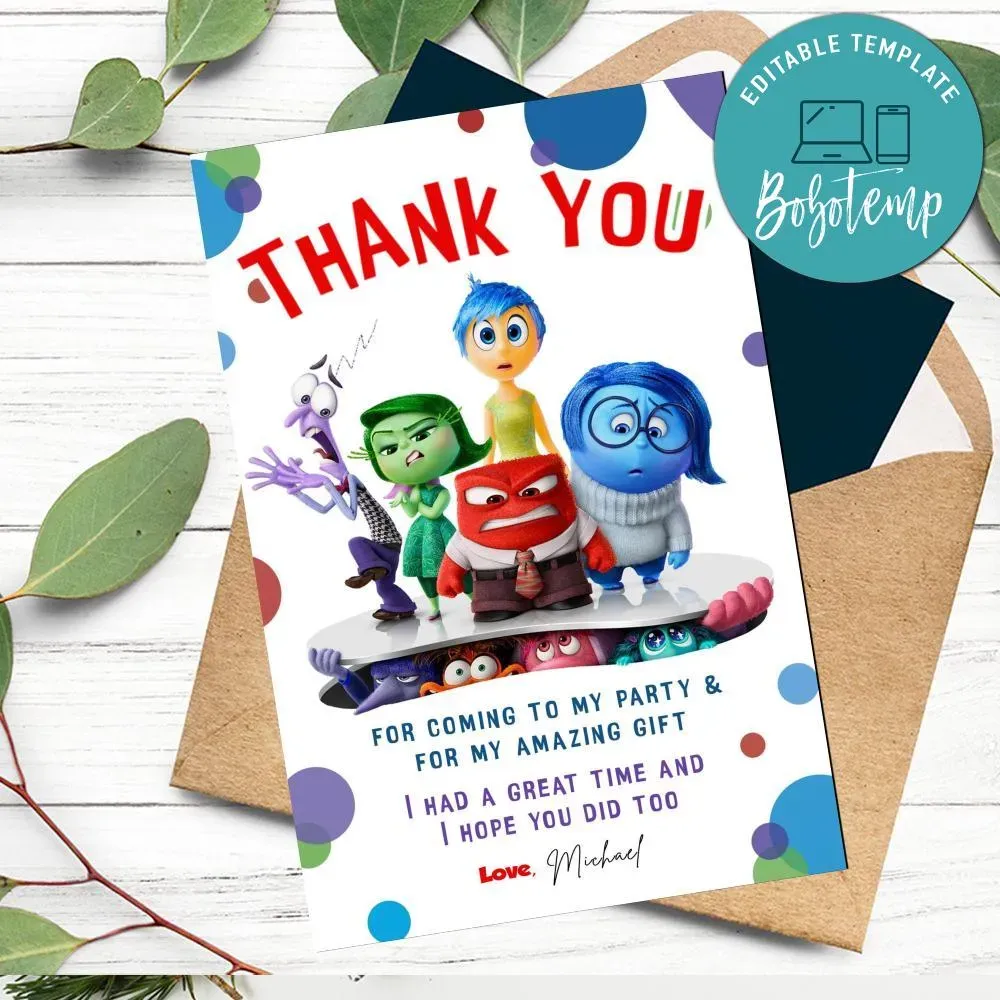 Inside Out 2 Thank You Card Customizable Template DIY | Bobotemp