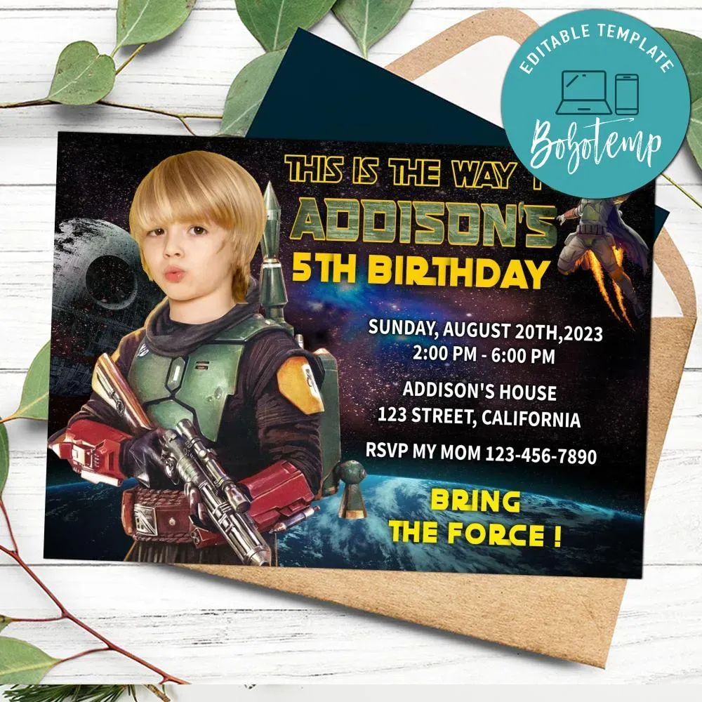 Boba Fett Birthday Invitation With photo Customizable DIY | Bobotemp