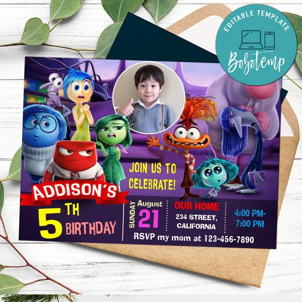 Inside out 2 Birthday Invitation with Photo Customizable | Bobotemp