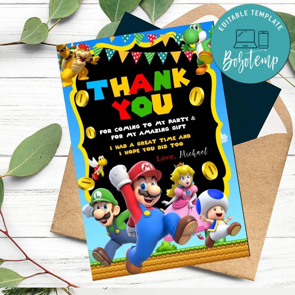 Super Mario Thank you card Customizable Template DIY | Bobotemp