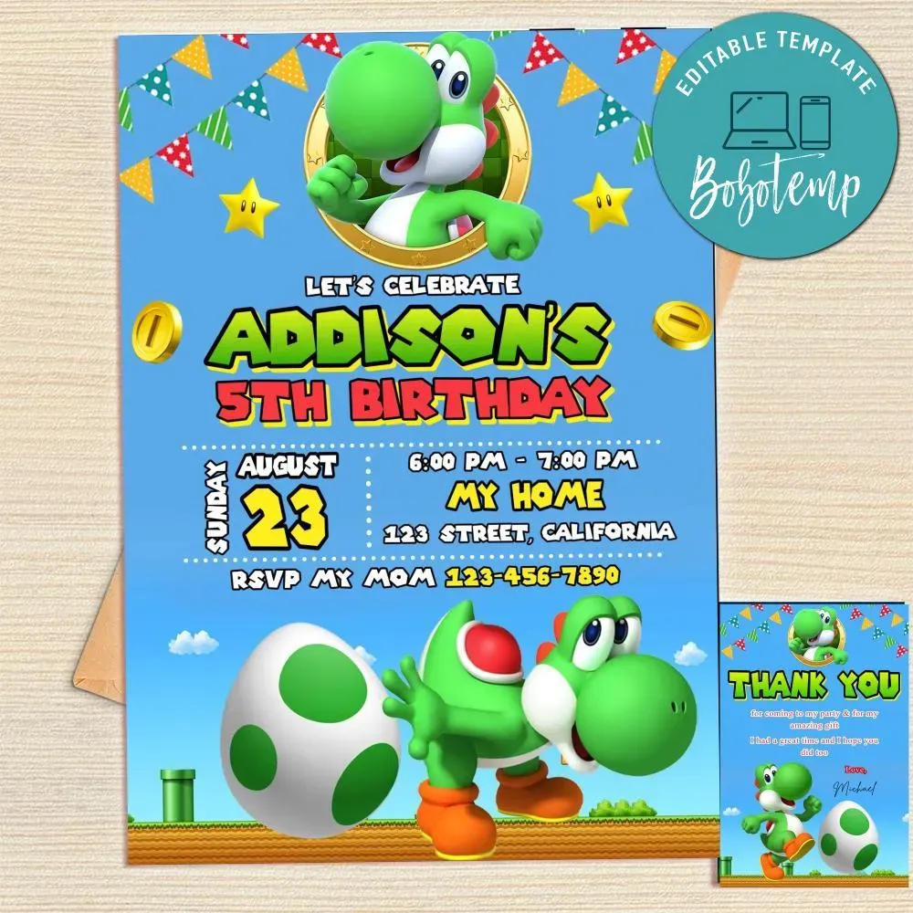Yoshi Invitation Template Free Thank You Card Printable | Bobotemp