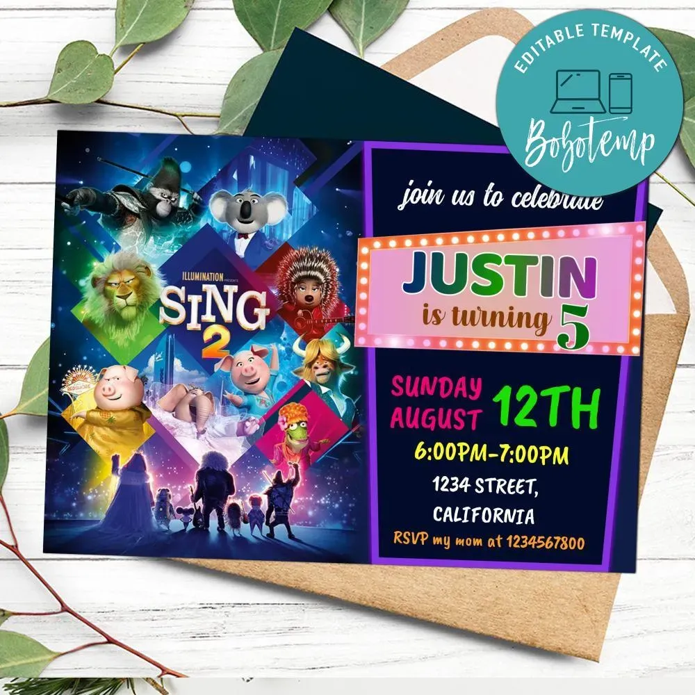 Sing 2 Movie Party Invitation Customizable Template | Bobotemp