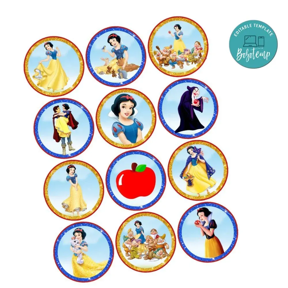 Snow White Cupcake Toppers Template Printable Instant Download | Bobotemp