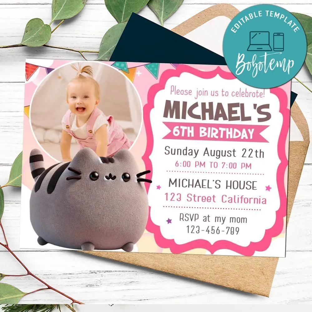 Cat Invitation with Photo Customizable Template to Print at Home | Bobotemp