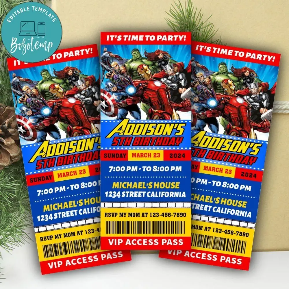 Superhero Marvel Ticket Invitation Customizable Template | Bobotemp
