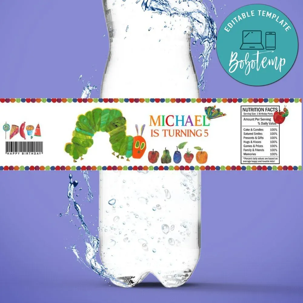 Hungry Caterpillar Birthday Water Bottle Label Template | Bobotemp