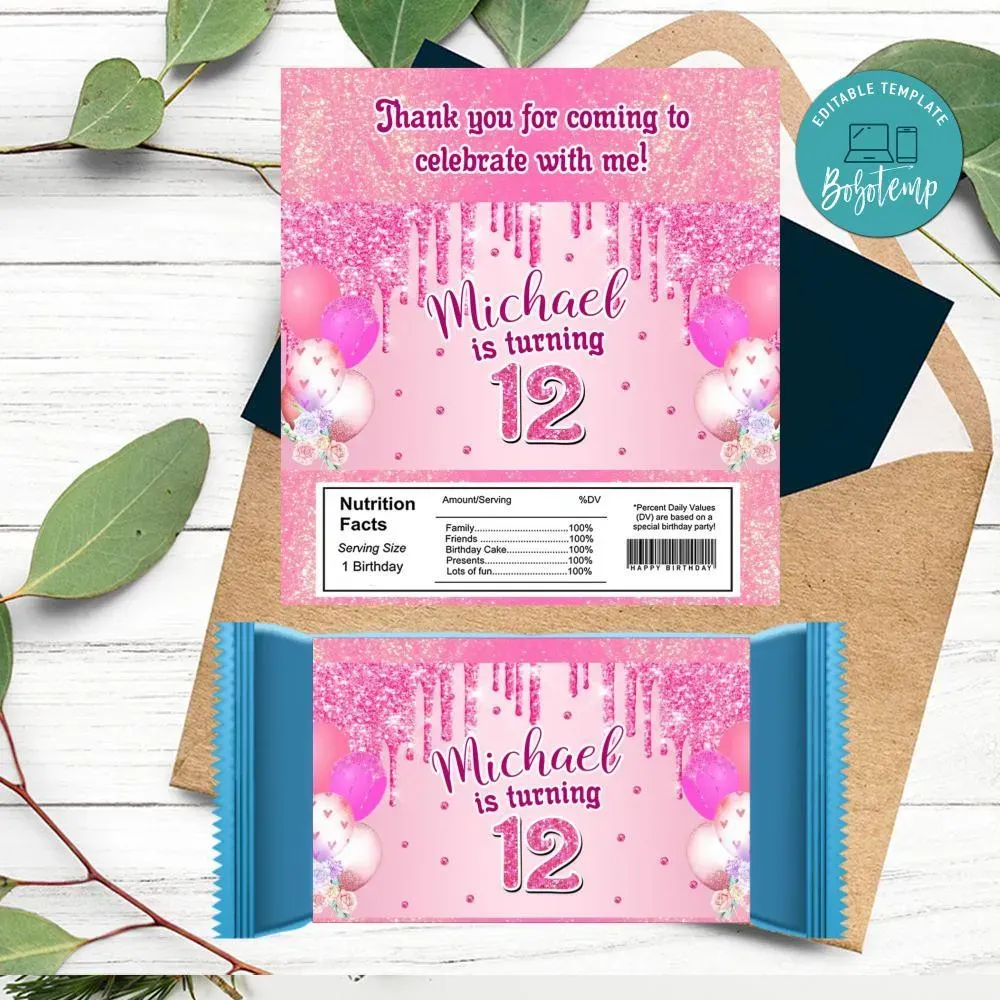 Shades of pink Candy bar Label Customizable Template DIY | Bobotemp