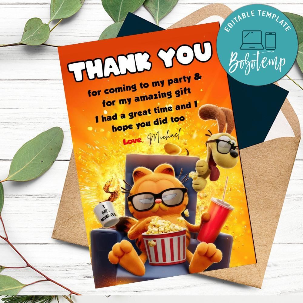 Garfield Thank You Card Customizable Template DIY | Bobotemp