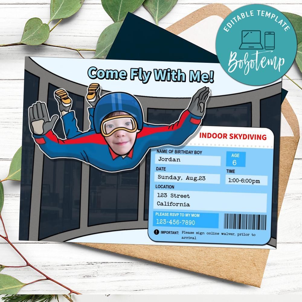 Indoor Skydiving Birthday Invitation Customizable Template DIY | Bobotemp