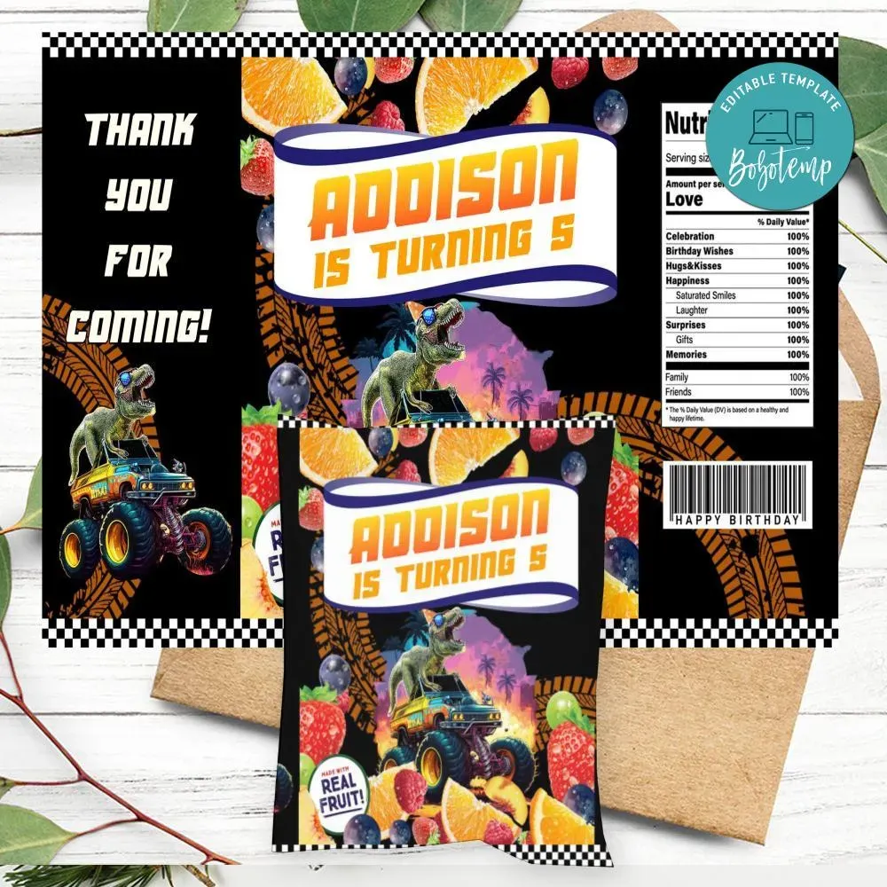 T Rex Dinosaur Monster Truck Birthday Party Fruit Snack Bag Digital ...