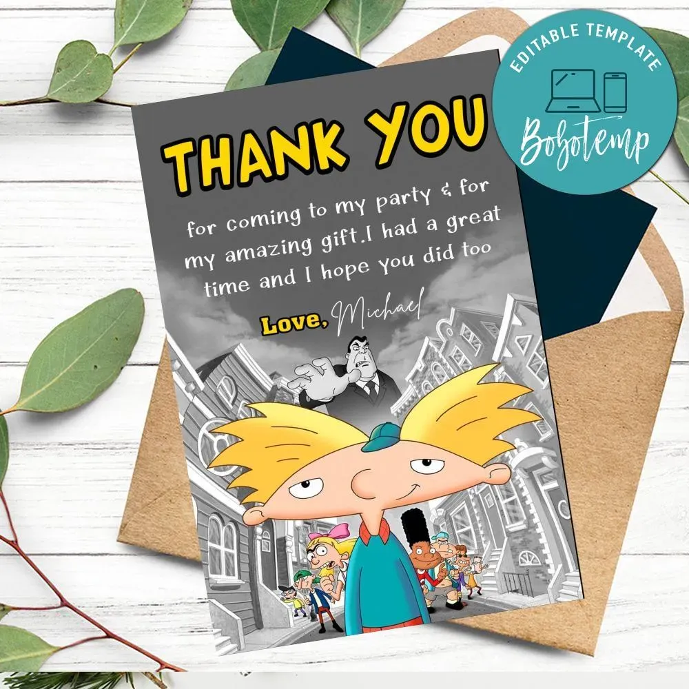 Hey Arnold Thank You Card Customizable Template DIY | Bobotemp