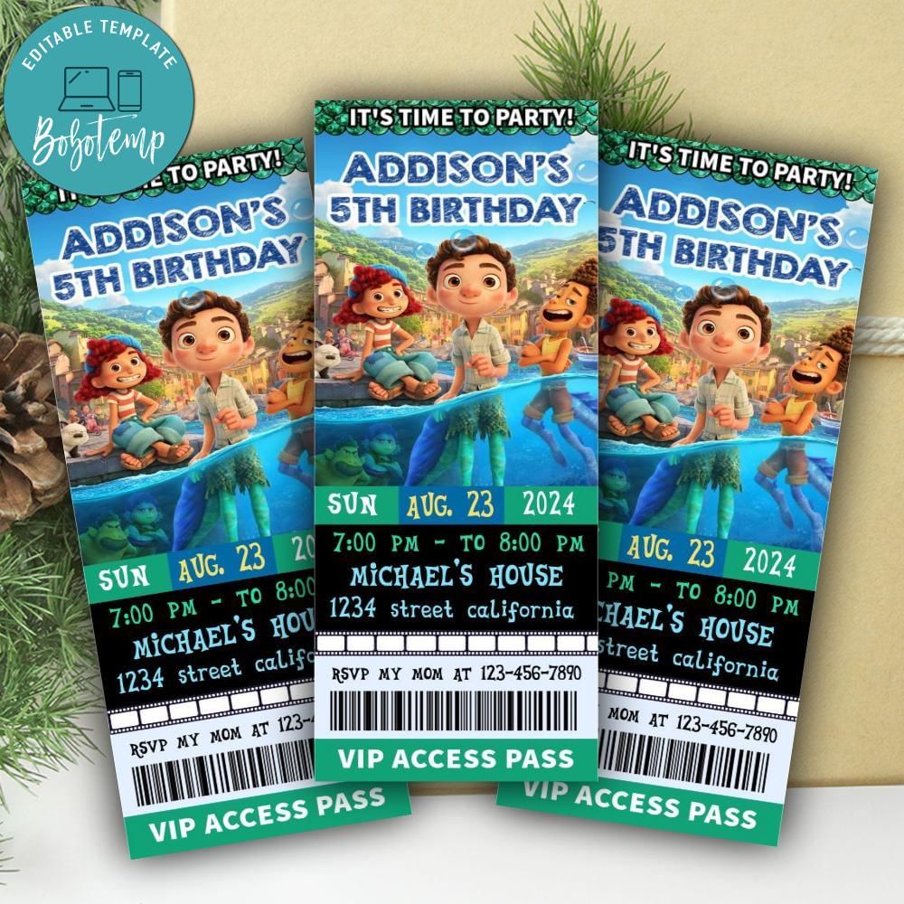 Disney Pixar Luca Ticket Invitation Customizable Template | Bobotemp