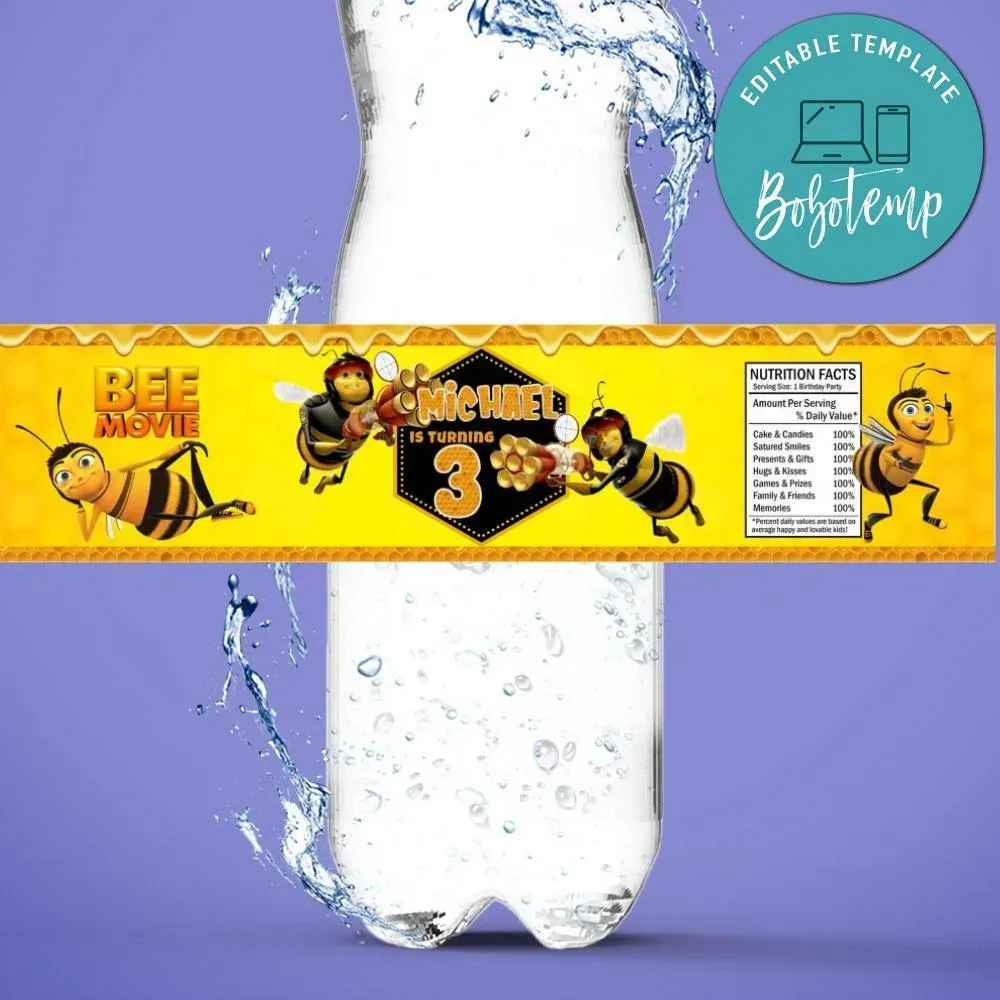 Bee movie Birthday Water Bottle Label Template | Bobotemp