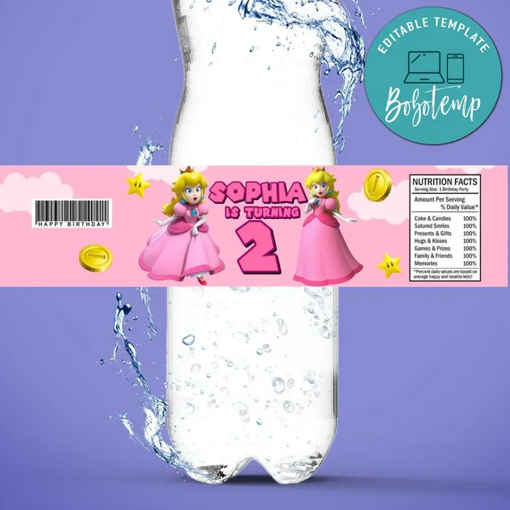 Princess Peach Birthday Water Bottle Label Template | Bobotemp