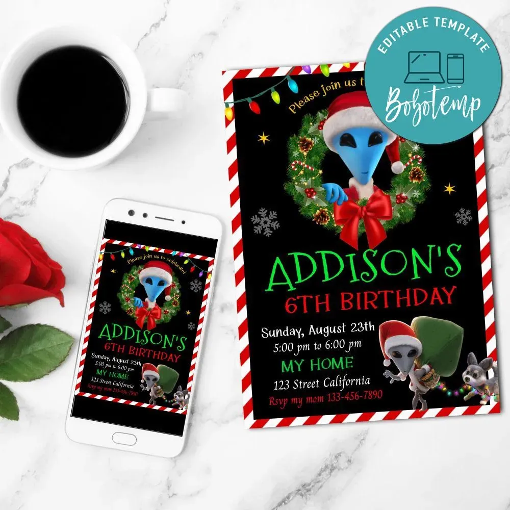 Alien Xmas Mobile Invite Customizable Instant Download | Bobotemp
