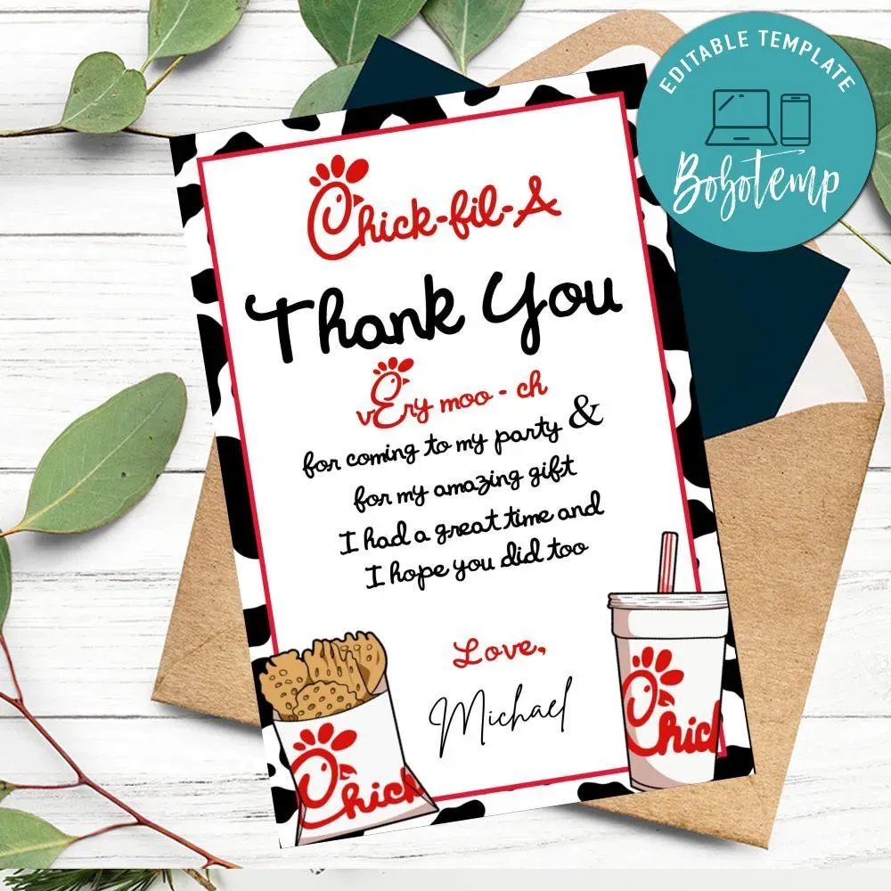 Chick fil a Thank you card Customizable Template DIY | Bobotemp
