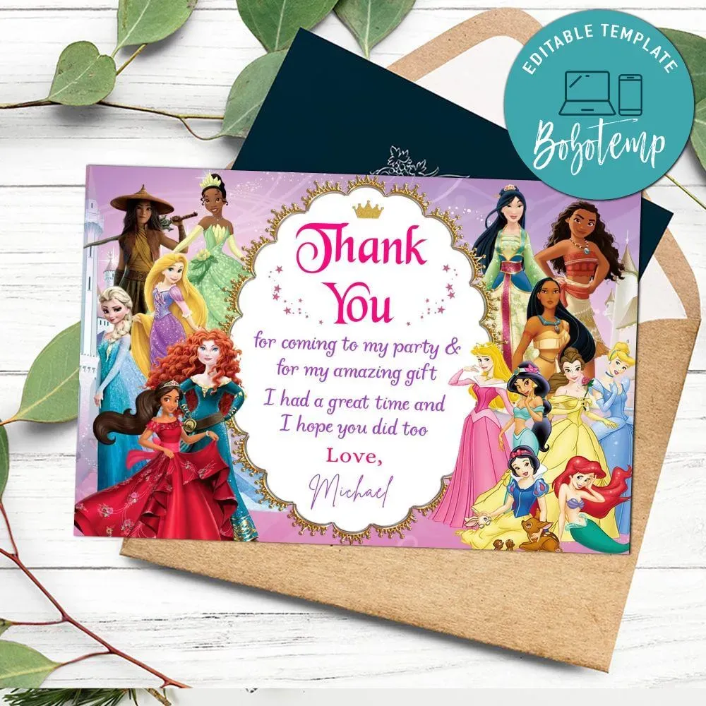 Disney Princess Thank You Card Customizable Template DIY | Bobotemp