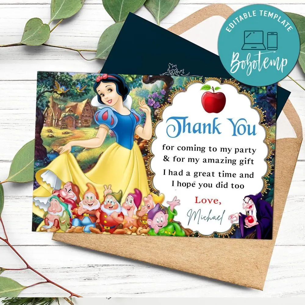 Snow White Thank You Card Customizable Template DIY | Bobotemp