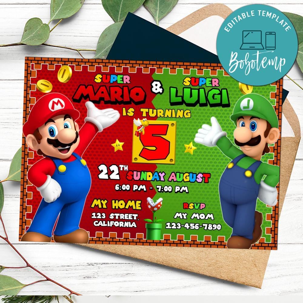 Mario & Luigi double sibling Invitation Customizable Template DIY ...
