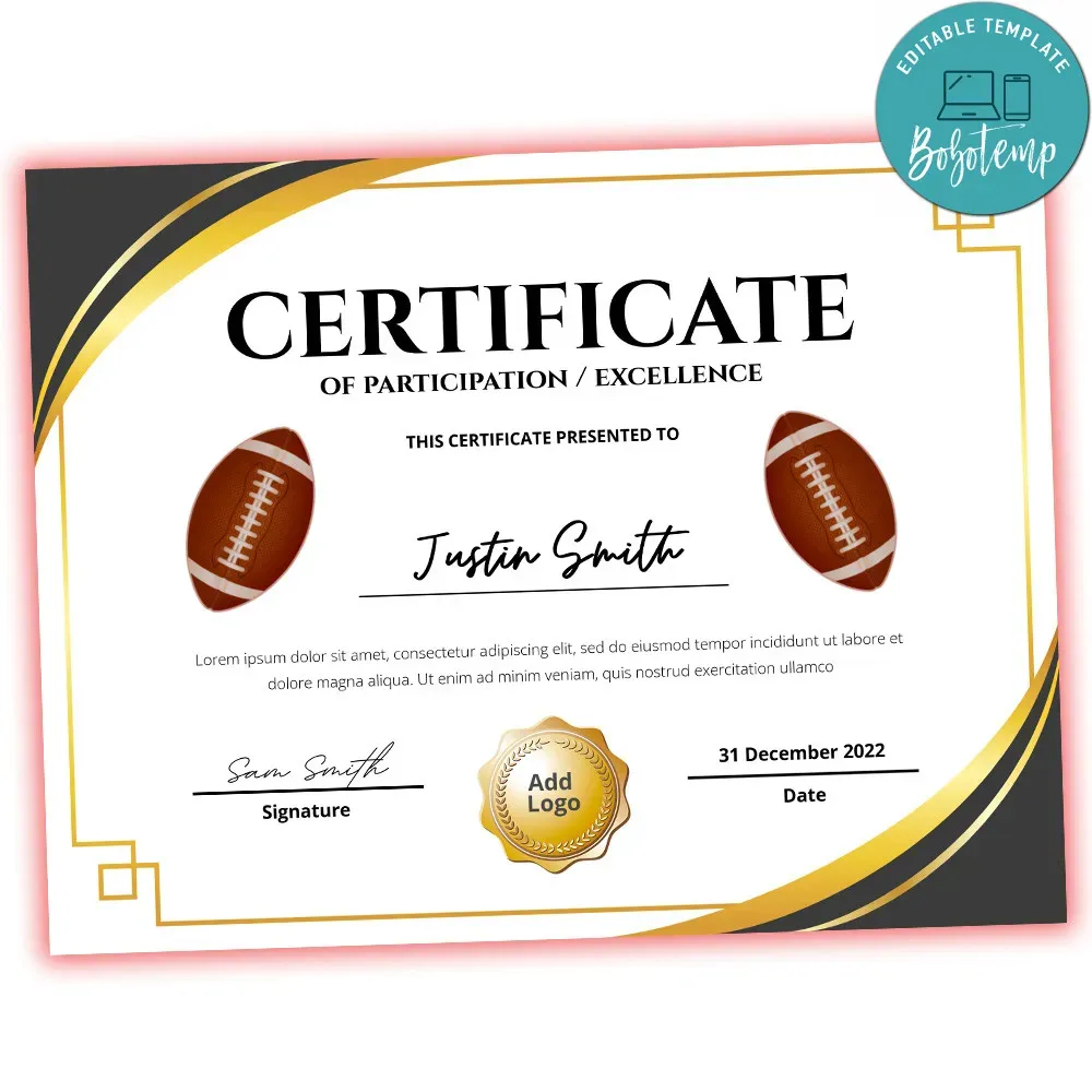 American Football Certificate Template Customizable DIY | Bobotemp