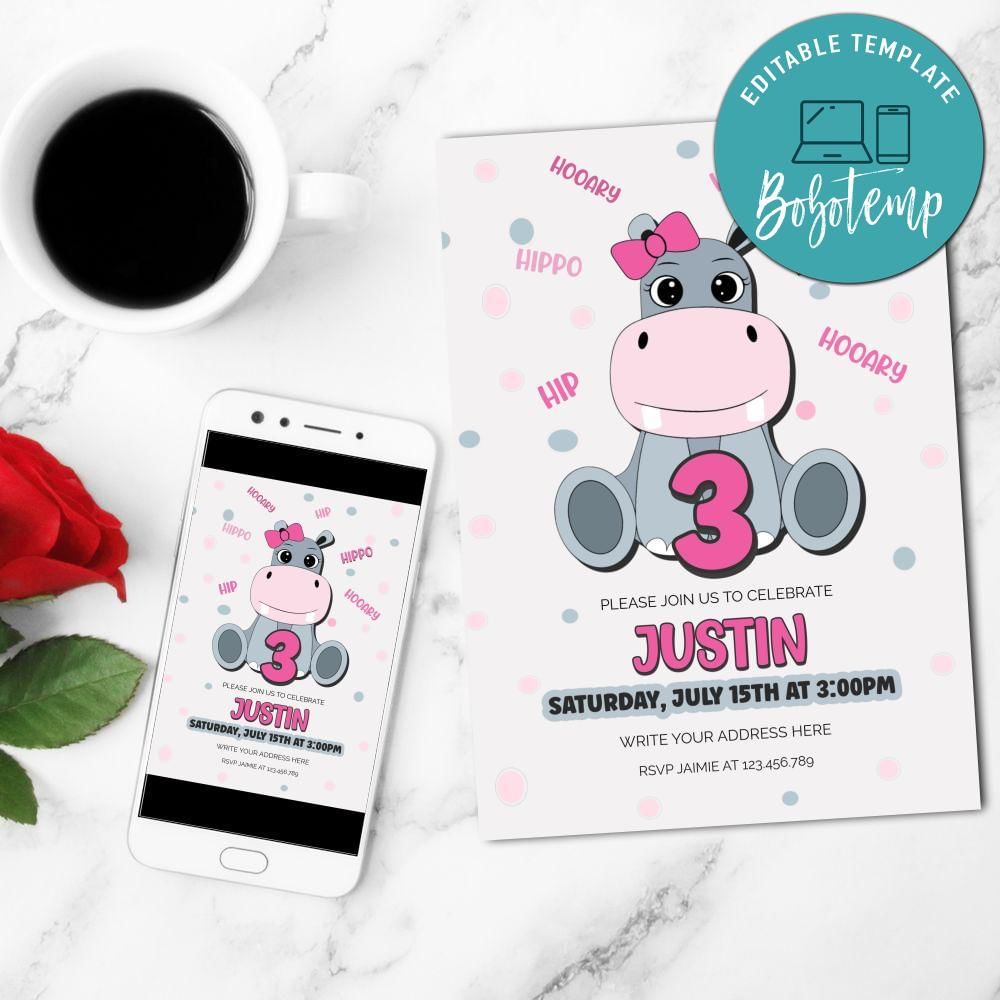 Hippo Invitation Customizable Template DIY | Bobotemp