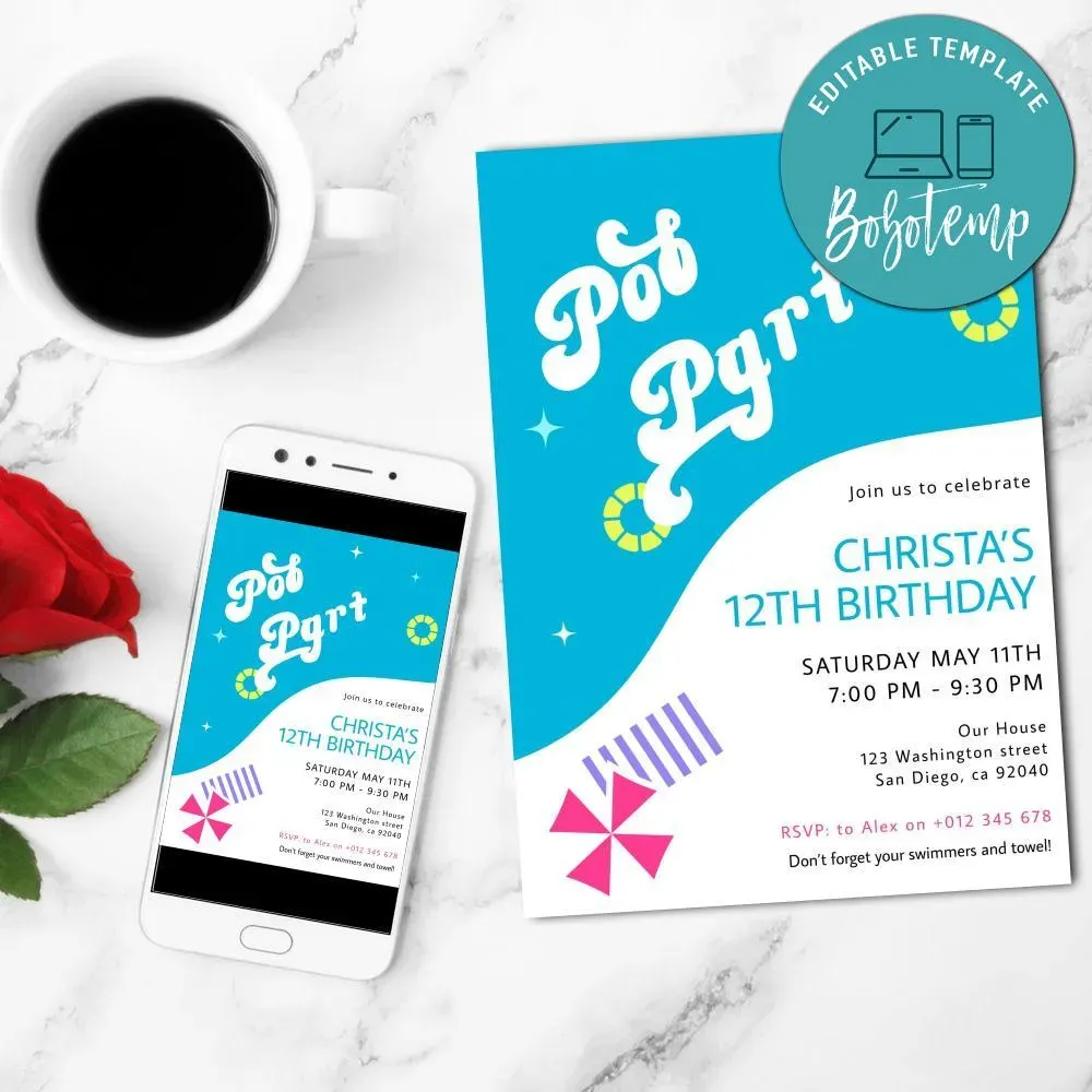 Minimalist Pool Party Invitation Template Customizable DIY | Bobotemp