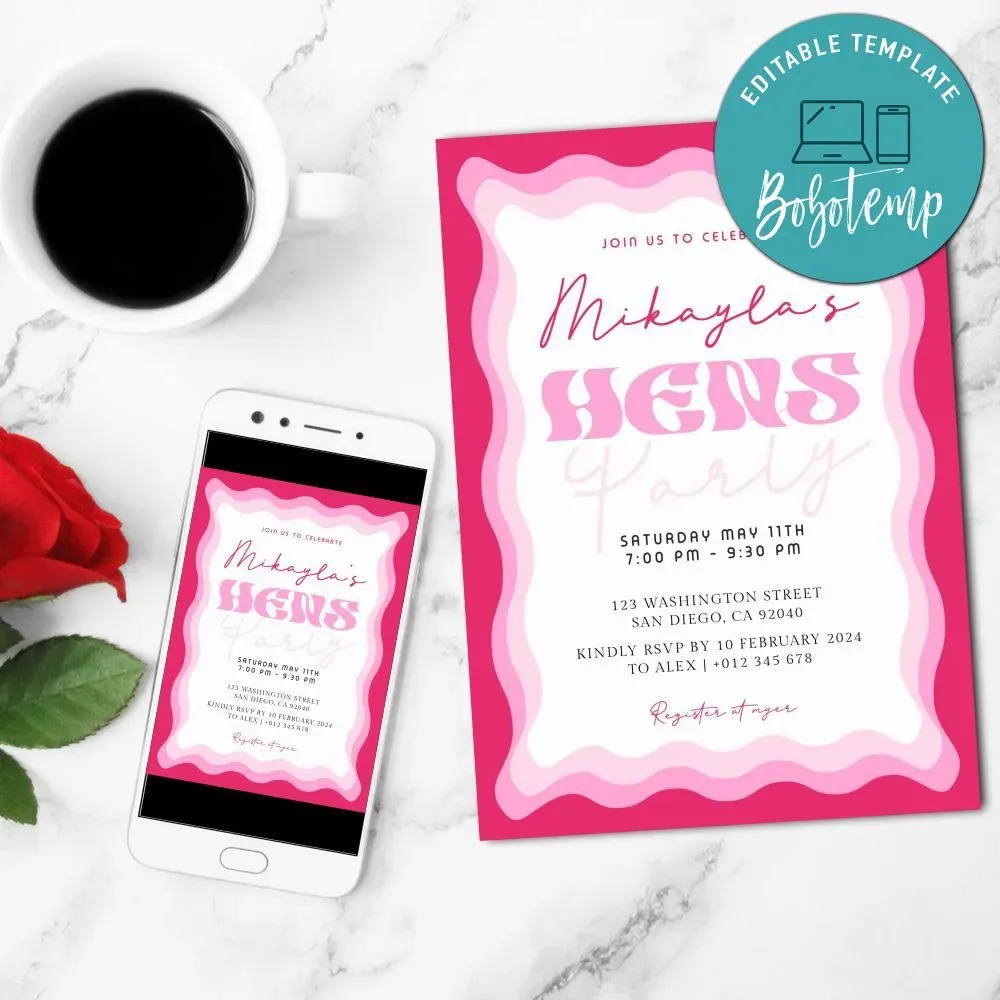 Wave Hens Party Invitation Template Customizable DIY | Bobotemp