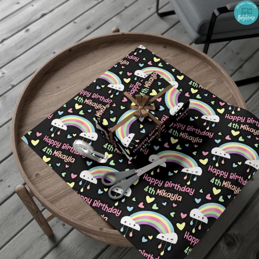 Rainbow Happy Birthday Custom Name Gift Wrap Paper | Bobotemp