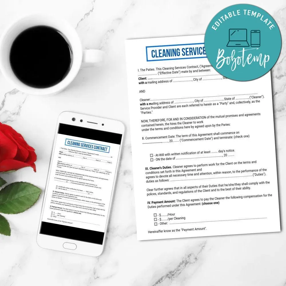 Cleaning Services Contract Template Customizable Instant Download ...