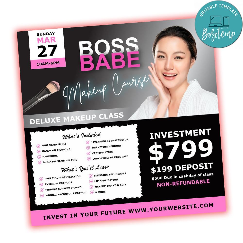 Make Up Course Flyer Template Customizable Instant Download | Bobotemp