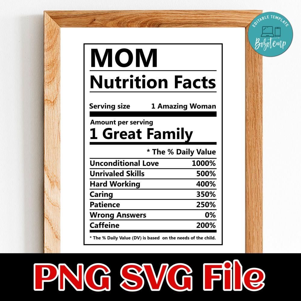 Mom Nutrition Facts SVG PNG design template | Bobotemp