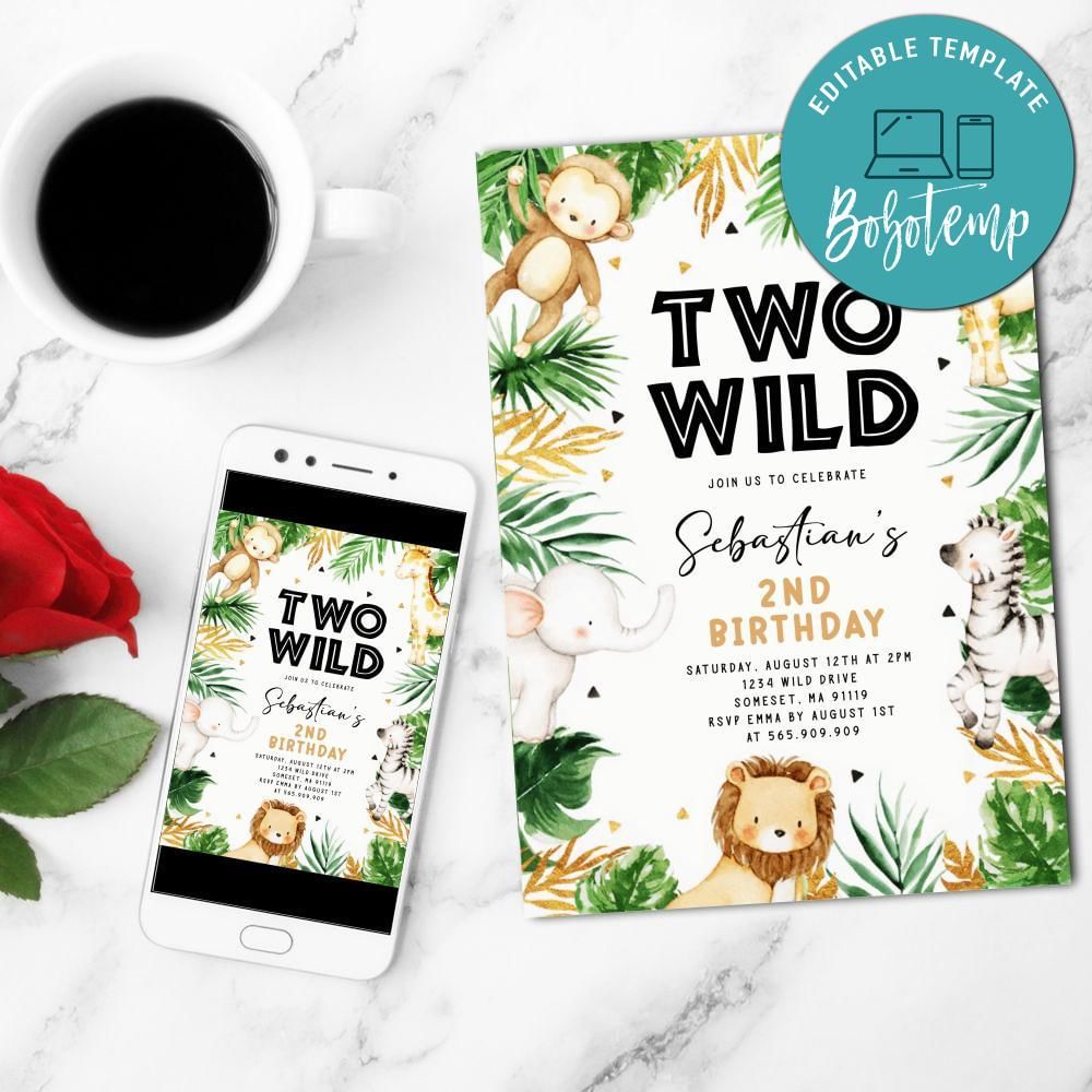 Two Wild 2nd Birthday Party Invitation Template Customizable | Bobotemp