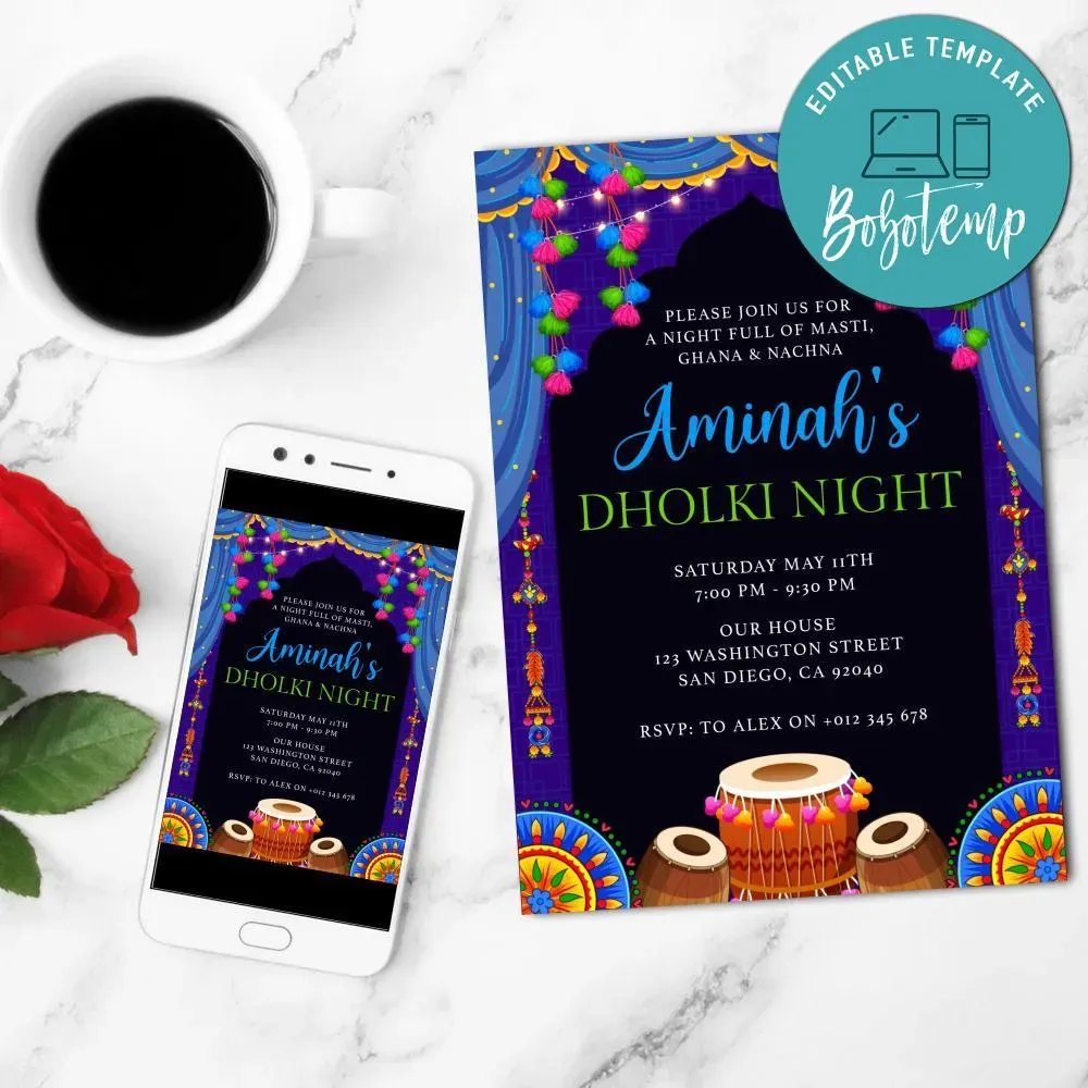 Dholki Night Birthday Invitation Template Customizable DIY | Bobotemp