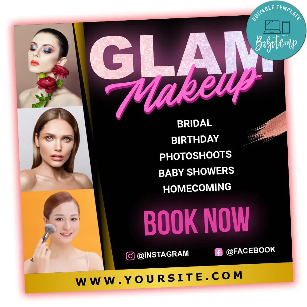 Glam Make Up Flyer Template Customizable Instant Download | Bobotemp