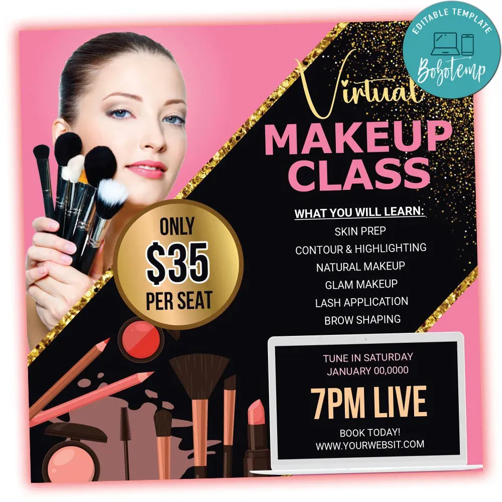 Virtual MakeUp Class Flyer Template Customizable DIY | Bobotemp