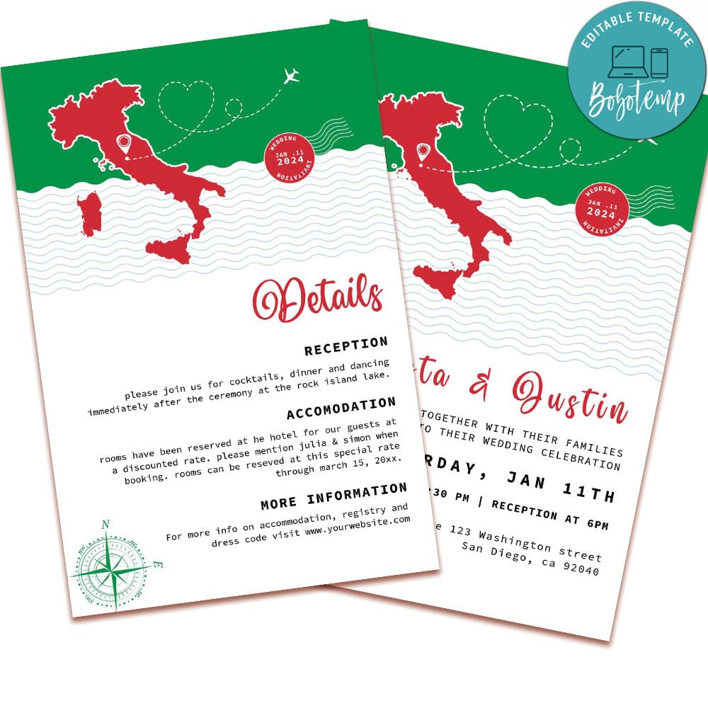 Italy Destination Wedding Invitation Template Customizable DIY | Bobotemp
