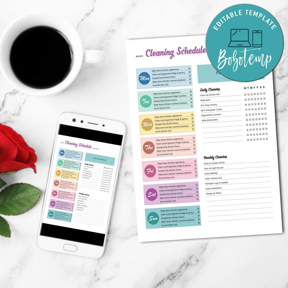 Cleaning Schedule Template Customizable Instant Download | Bobotemp